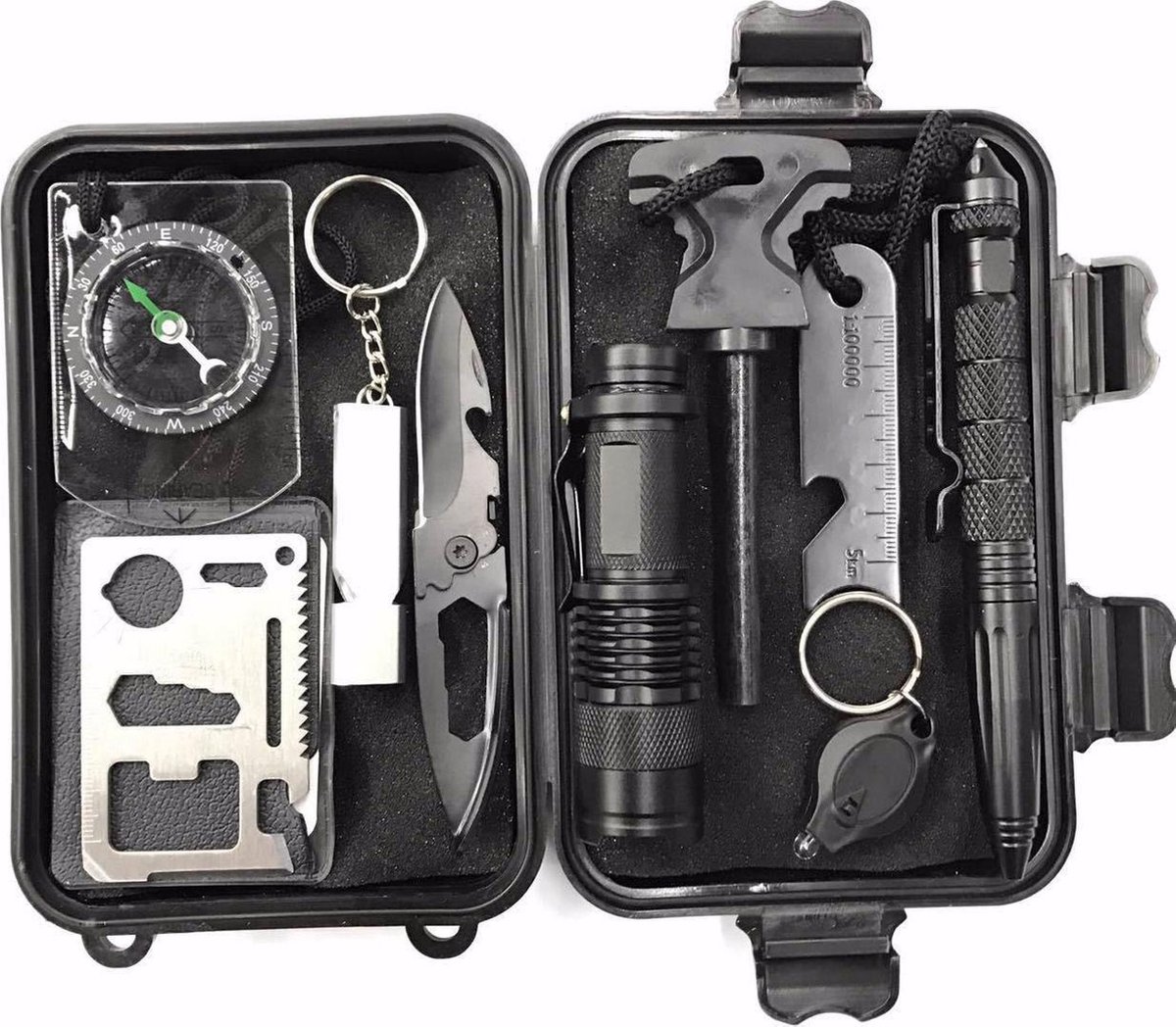 Survival kit zwart - Waterproof - Multitool kit voor buiten - met Mes ...