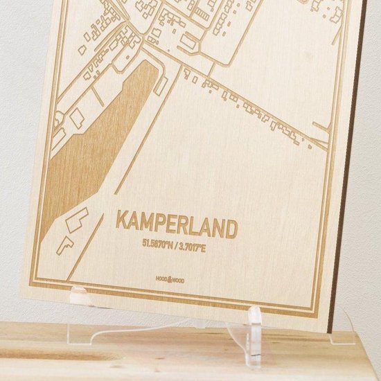 Kaart Kamperland - Gegraveerde stadskaart Hood&Wood - Hout, A4 | bol.com