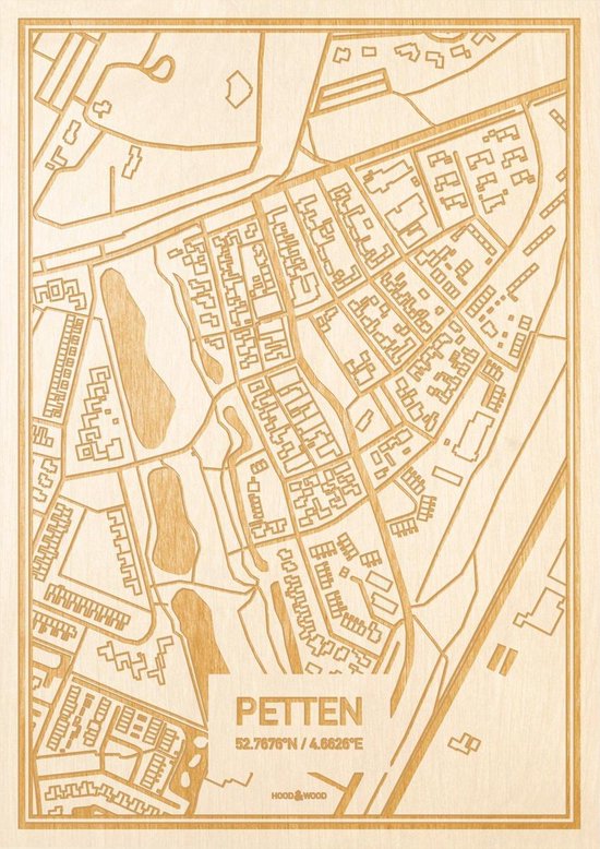 Kaart Petten - Gegraveerde stadskaart Hood&Wood - Hout, A4 | bol.com