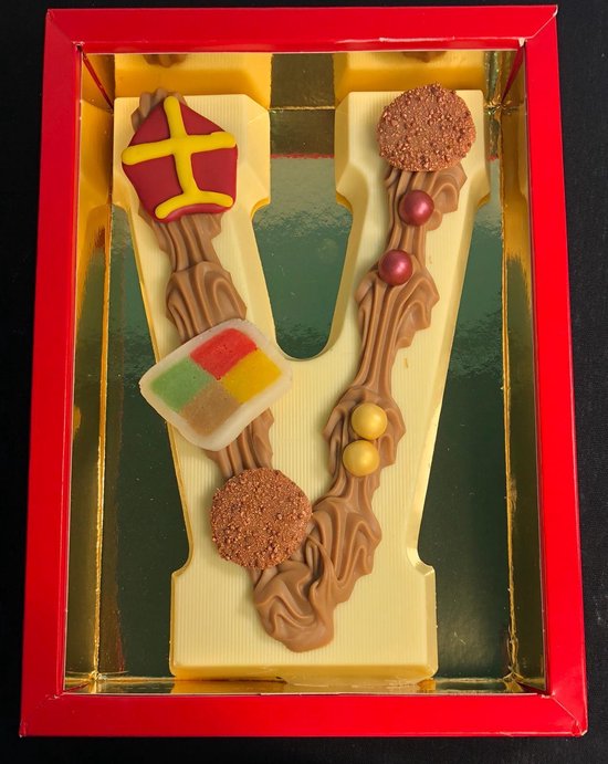 Ambachtelijk gemaakte chocoladeletter V wit gedecoreerd - 240 gram | bol