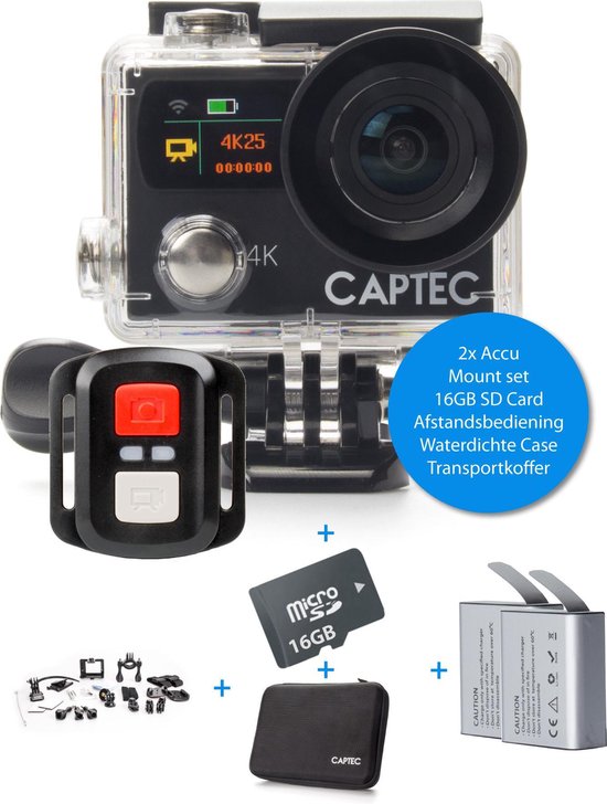 Captec Capture 5 Pro Set - 4K UHD actie camera - 16GB sd kaart - Extra accu -... | bol