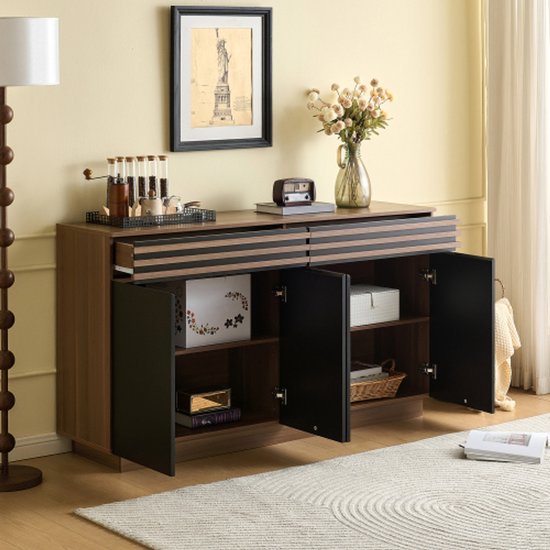 Buffet moderne 150 x 40 x 85 cm aspect bois avec Portes noires - Meuble ...