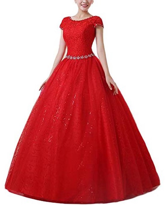 Korte Mouw Bruidsjurk met Ronde Hals en Kanten Details | Avondjurk | bol