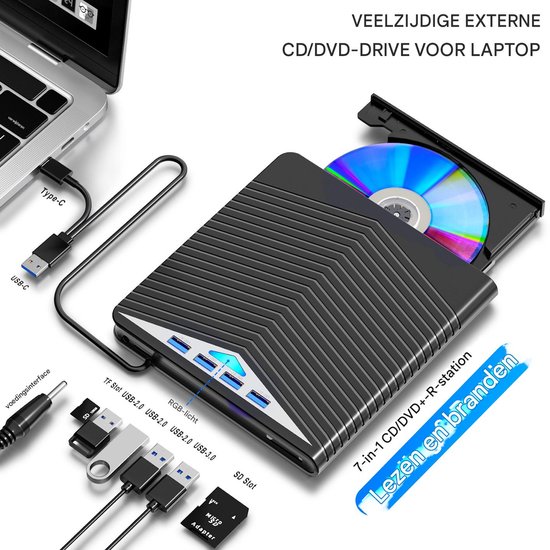 Ynkkvre -Externe USB 3.0 & USB-C Drive met Hoge Snelheid, DVD/CD ...