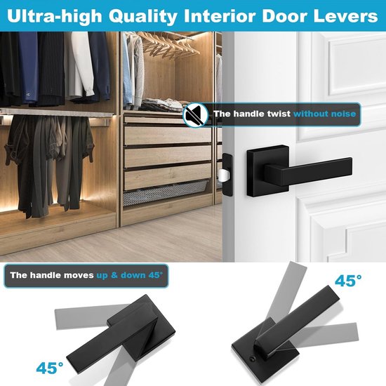 Set van 6 Matzwarte Deurklinken Doorgangsdeurhendels Vierkant Zwaar ...