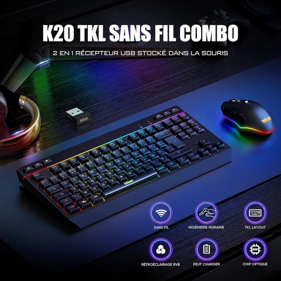 Draadloos 75% TKL Toetsenbord en Muis Combo met RGB Verlichting, AZERTY ...