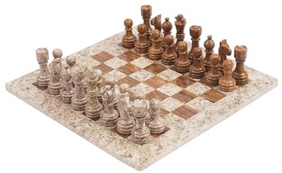 15 inch Handgemaakte Schaakset van Fossiel Koraal en Donkerbruin Marmer ...