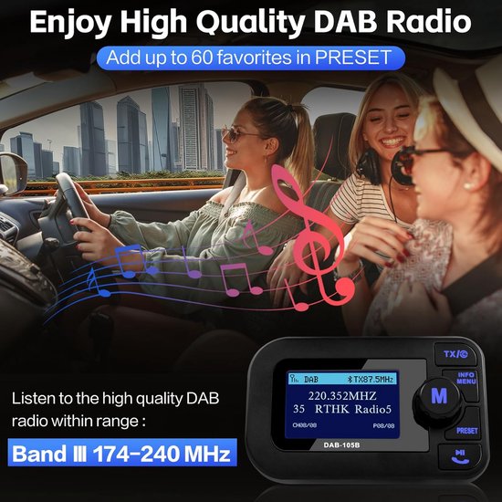 DAB+ Radio Adapter voor Auto met Bluetooth en LCD Display - Plug & Play ...