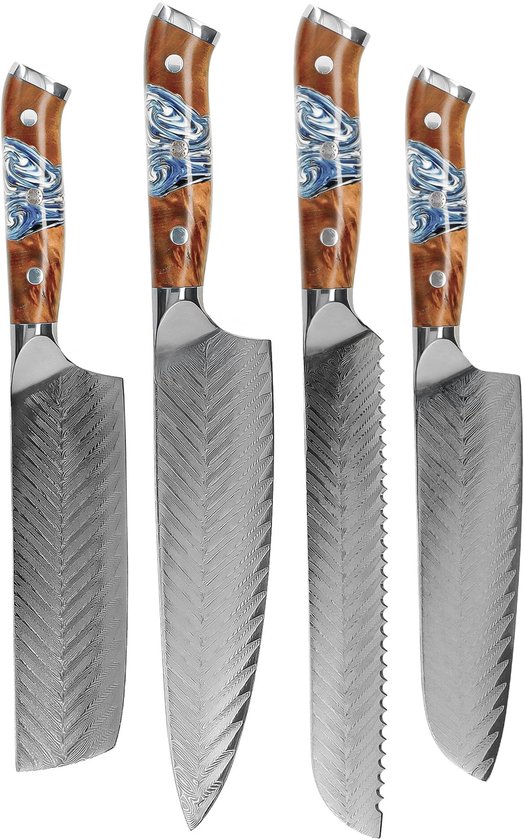 Shinrai Knives - Eclipse 4-delige Damascus Messenset - Koksmes + Nakiri + Santoku +... | bol