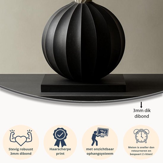 Zwarte vaas met pluimen – wandbord – Dibond muurcirkel – 40x40 cm | bol