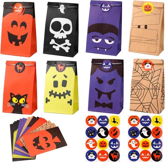 24 Halloween Ghost Goodie Bags met Stickers - Bruine Papier Candy Bags ...