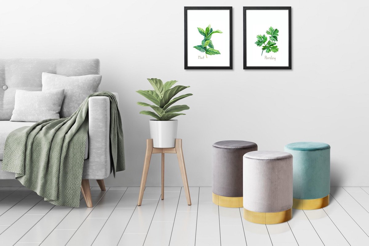 LIFA LIVING Poef Belle - Grijs & Goud - Zitbank - Modern - Velvet ...