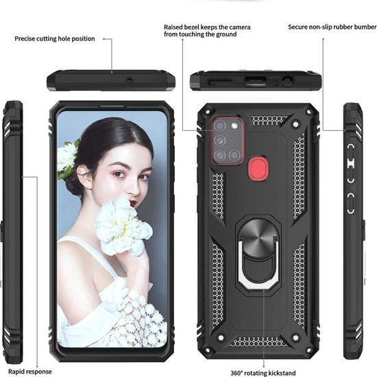 Samsung Galaxy A21S Ring Armor Hoesje + 2x Screenprotector - Zwart ...