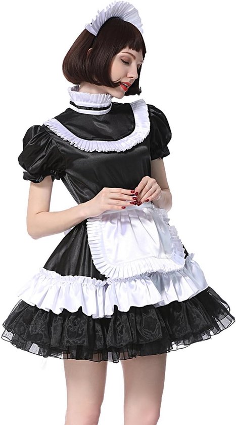 Zwarte Satijnen Sissy Dienstmeisje Jurk Crossdress Kostuum met Rok | bol