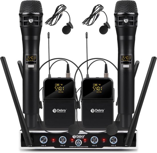 UHF Draadloos Microfoonsysteem met 4 Kanalen: Headset, Lavalier en ...