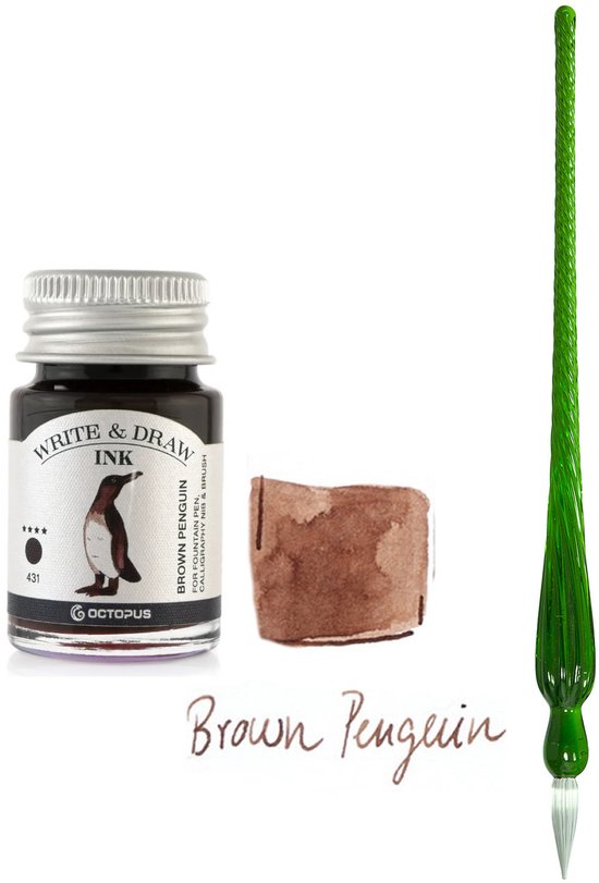 Glazen dip pen set in doosje - Groen - Potje Octopus inkt brown penquin ...