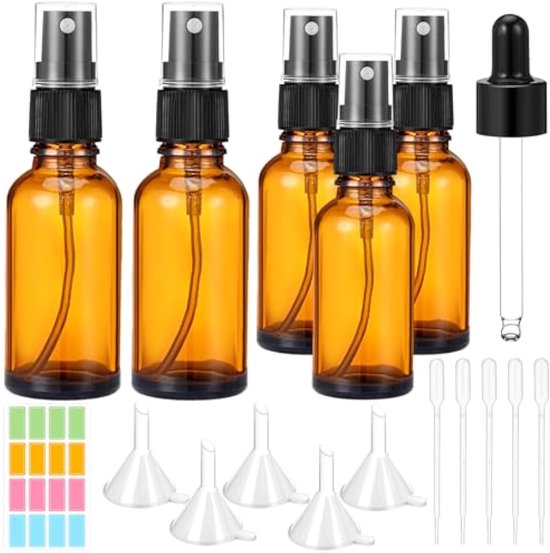 5 stuks bruine spuitflessen van glas; 2 x 50 ml; 3 x 30 ml spuitflessen ...