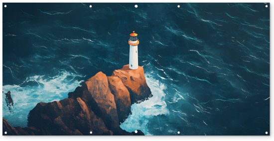 Tuinposter 200x100 cm - Tuindecoratie Vuurtoren - Rots - Zee - Golven ...