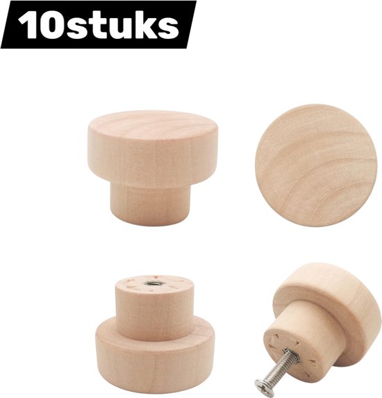 10 stuks - Natuurlijk hout - Ronde platte knop - Enkel gat voor houten ...