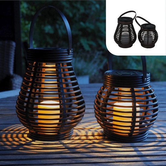 2-delige Rotan Solar Lantaarn Set – LED Tuinverlichting op Zonne ...