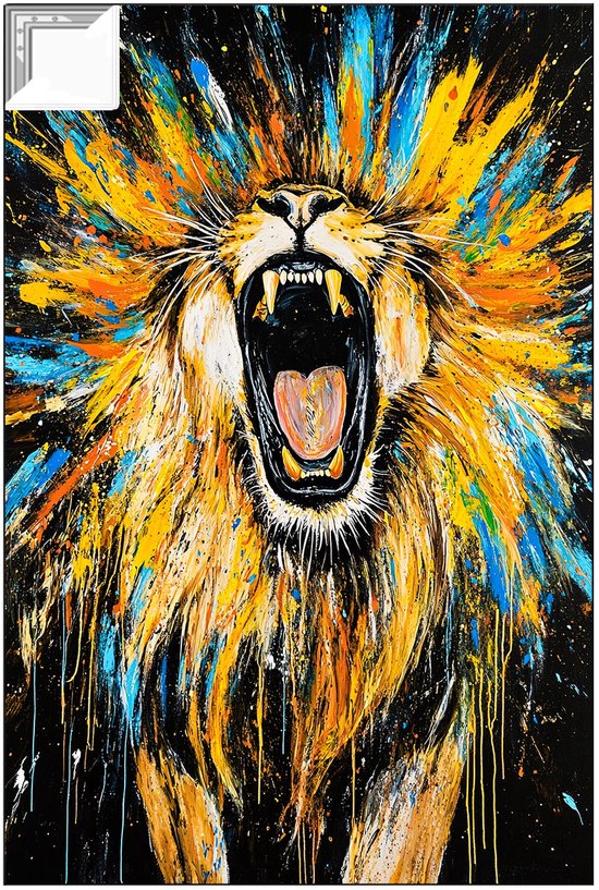 Brullende leeuw met kleurenspatten - Leeuw ArtFrame schilderij - ArtFrame portret... | bol