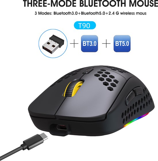 HXSJ T90 Draadloze Computermuis - Bluetooth - RGB - Ultra licht - 2.4G ...