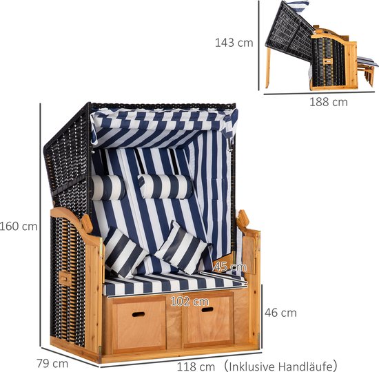 Outsunny Strandkorb Holz, PE-Rattan, Polyester, Schaumstoff Blau+Weiß | bol