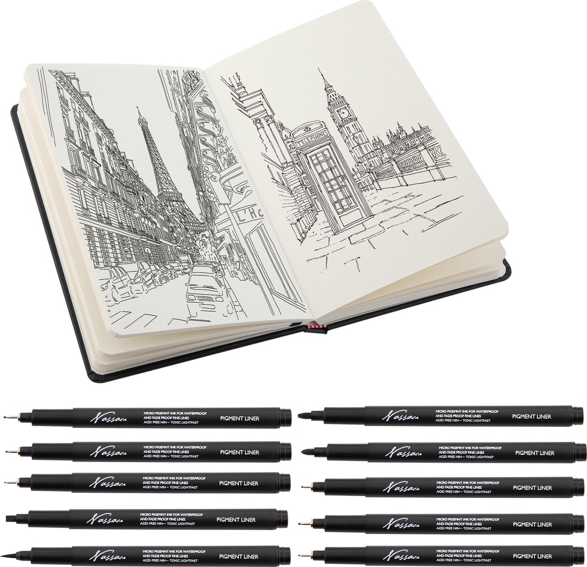 Combi Set van 10 zwarte Nassau Fine Art pigment Fineliners & Schetsboek ...