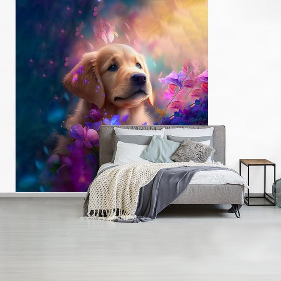 Behang - Fotobehang Hond - Puppy - Zon - Bloemen - Golden retriever - Breedte 220 cm x... | bol