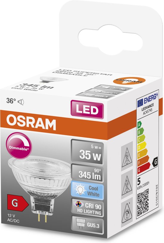 Osram Superstar LED GU5.3 Spot Helder 5W 345lm - 940 Koel Wit | Dimbaar ...