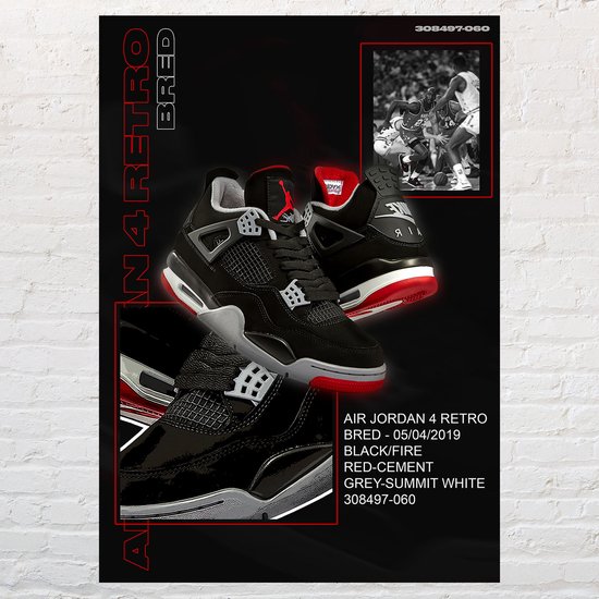Sneaker Poster - Jordan 4 Bred - 30x40cm - Poster | bol.com