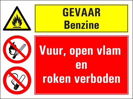 Benzine, vuur open vlam en roken verboden bord 600 x 450 mm - dibond ...