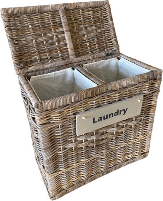 Rieten duo wasmand - Grey rotan - 65x68x36cm - uitneembare waszakken ...