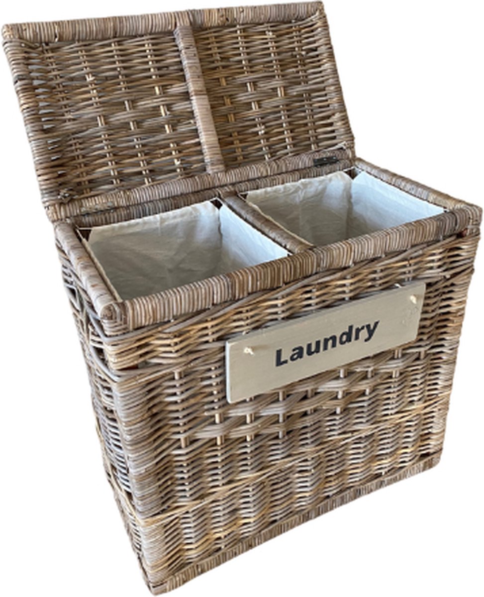 Rieten duo wasmand - Grey rotan - 65x68x36cm - uitneembare waszakken ...