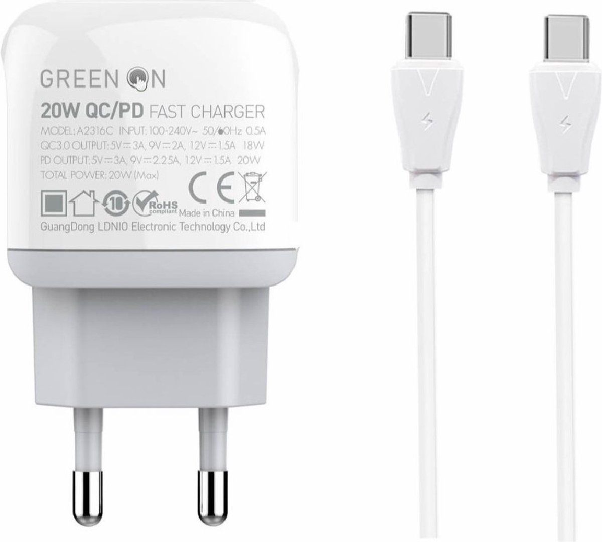 GREEN ON 20W Dual PD + QC3.0 Travel Charger A2316C-EU USB-C | bol.com