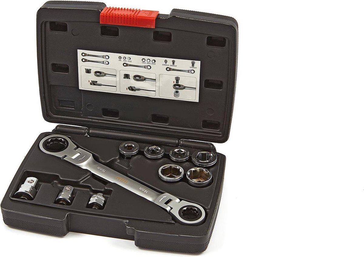 HBM 15 in 1 Doorsteek Ring Ratel Steeksleutelset inclusief 1/4 - 3/8 en ...