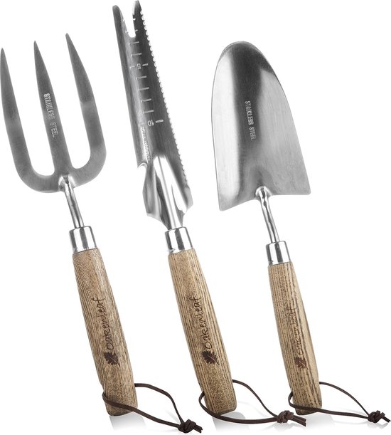 3-delige tuingereedschapset extra groot van RVS met houten handvat ...