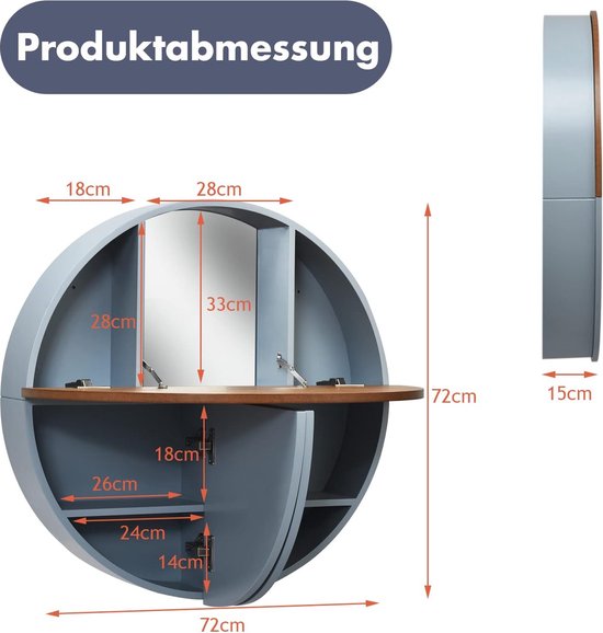 Ronde spiegelkast voor wandmontage, wandtafel, hangkast met uitklapbaar ...