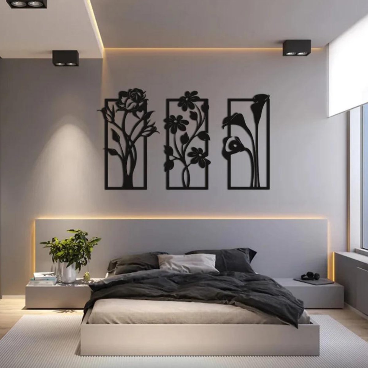 Wandstaal XXL "Drieluik Bloemen" 1250x764 Zwart Wandpaneel, Wanddecoratie, Staal, Metaal | bol