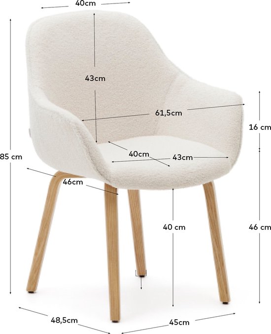 Kave Home - Aleli-stoel in wit bouclé en massief essenhouten poten met ...