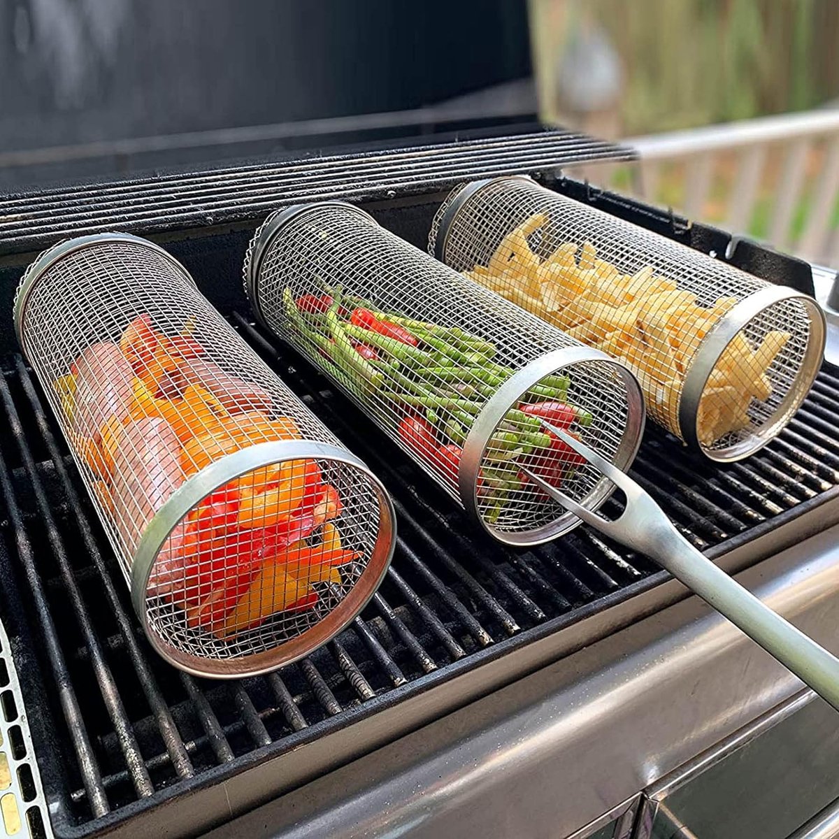 Rollende Grillmand Roestvrijstalen BBQ Grillrooster Mandje Anti-aanbak ...