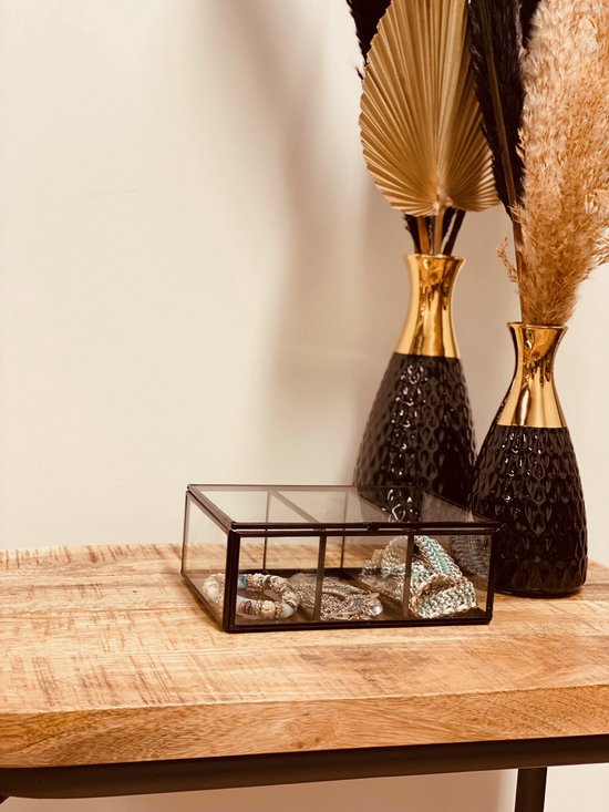 Glazen theedoos - opberg doosje helder/zwart glas/metaal 23x13x8cm ...