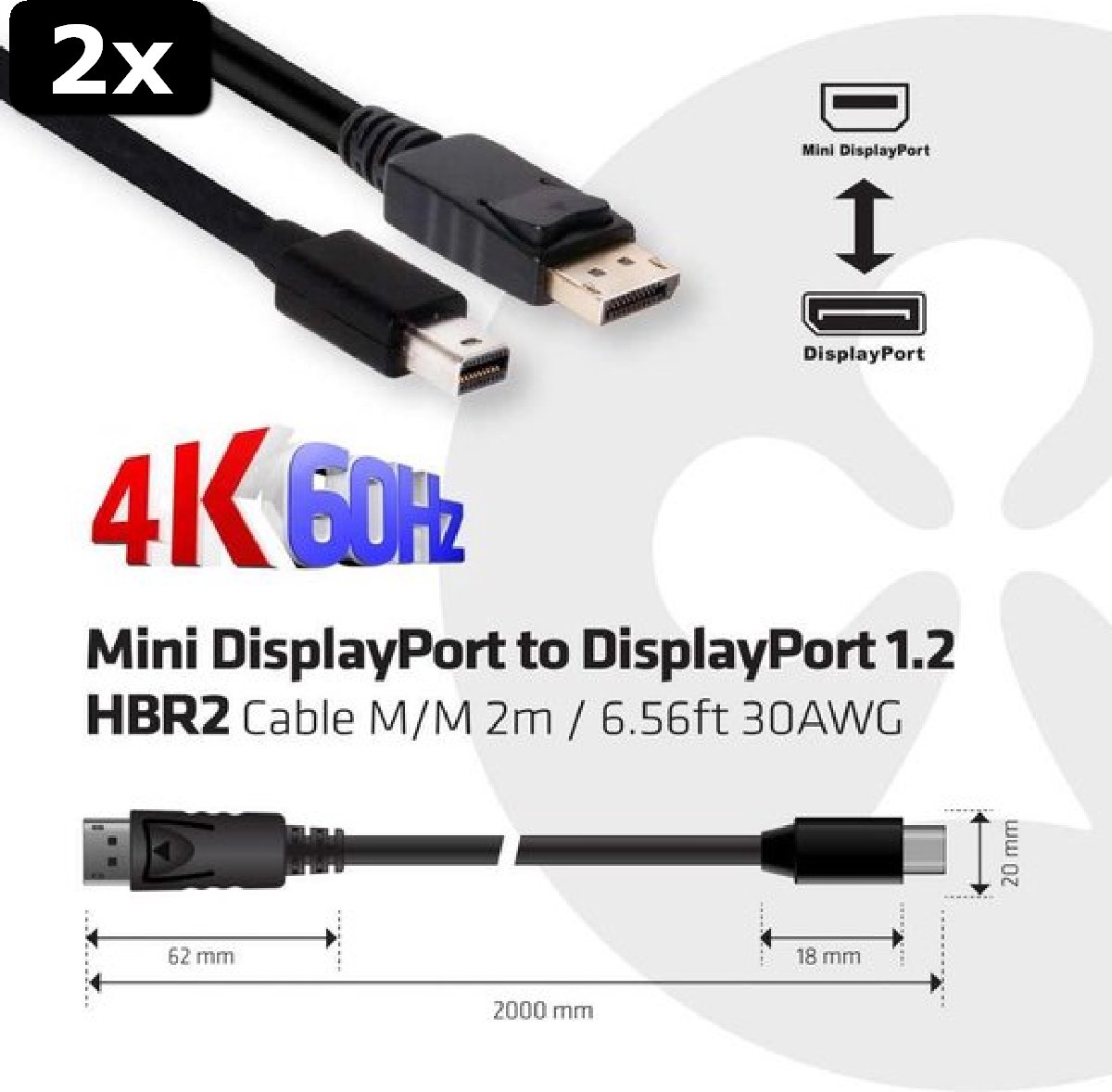 2x Mini DisplayPort naar Displayport 1.2 M/M 2 meter bidirectioneel ...