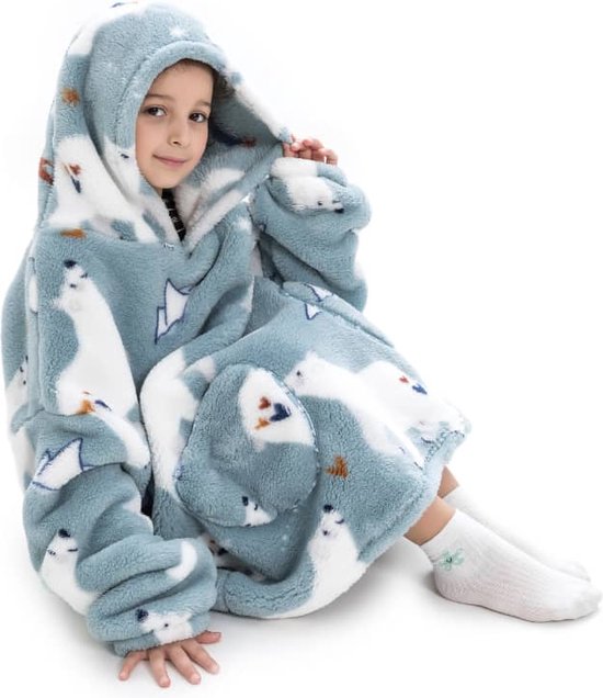 Ijsbeer snuggie kind – fleece hoodie – fleece snuggie kids 8/12 jaar ...