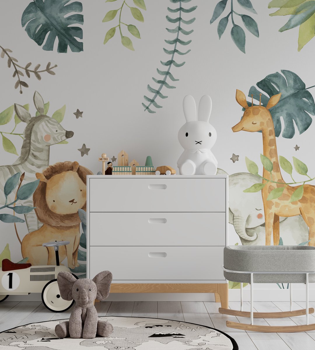 Walloha - Behang kinderkamer - Schattige safari dieren - 292,2 x 280 cm ...