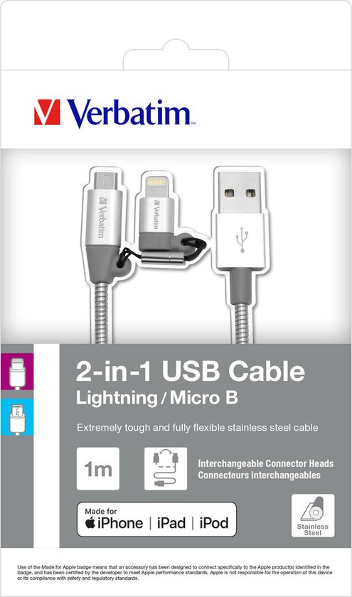 Verbatim 2-in-1 Lightning/Micro B Stainless Steel Cable 100cm ...