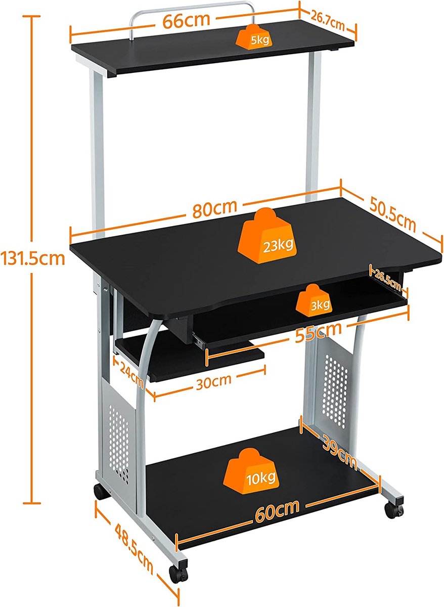 Bureau met printerrek computertafel zwart PC tafel met 4 wielen 80 x 50 ...