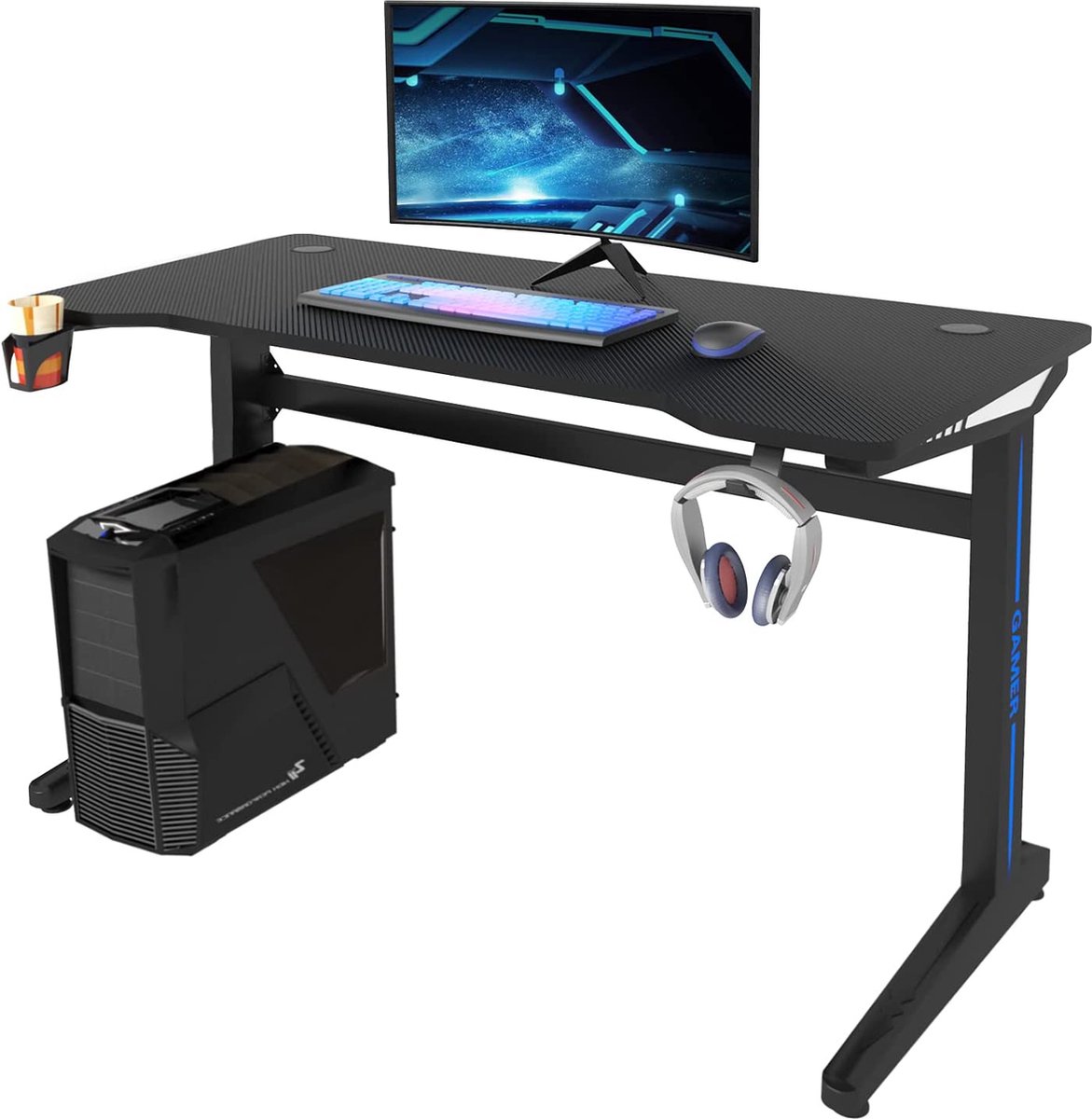 CGPN - Gaming Tafel met LED 120 x 60 cm Ergonomische Gaming Desk Zwarte ...