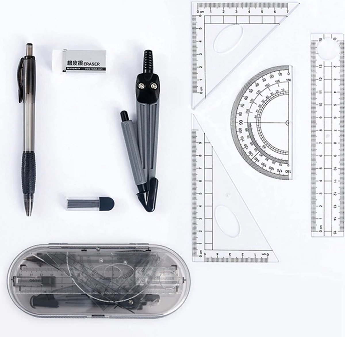 8 Stuks Set Passer – Linealen, Geodriek, Gum, Pen – Geschikt voor ...