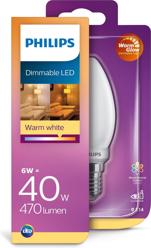 Philips WarmGlow LED Kaarslamp E14 - Kleur licht dimbaar naar extra warm wit - 6W/40W | bol.com